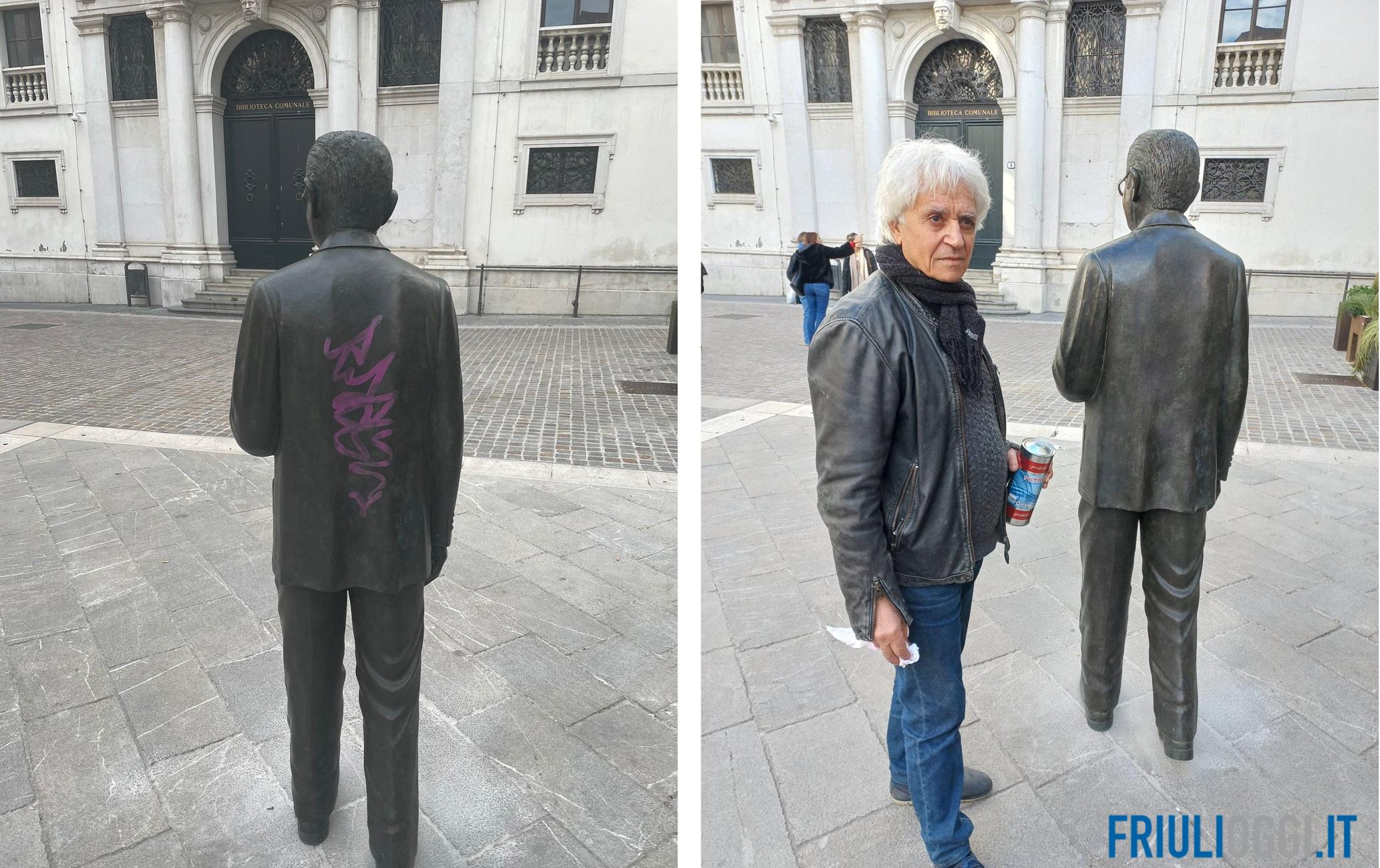 La statua di Carlo Sgorlon ripulita in tempo record La statua di Carlo Sgorlon ripulita in tempo record