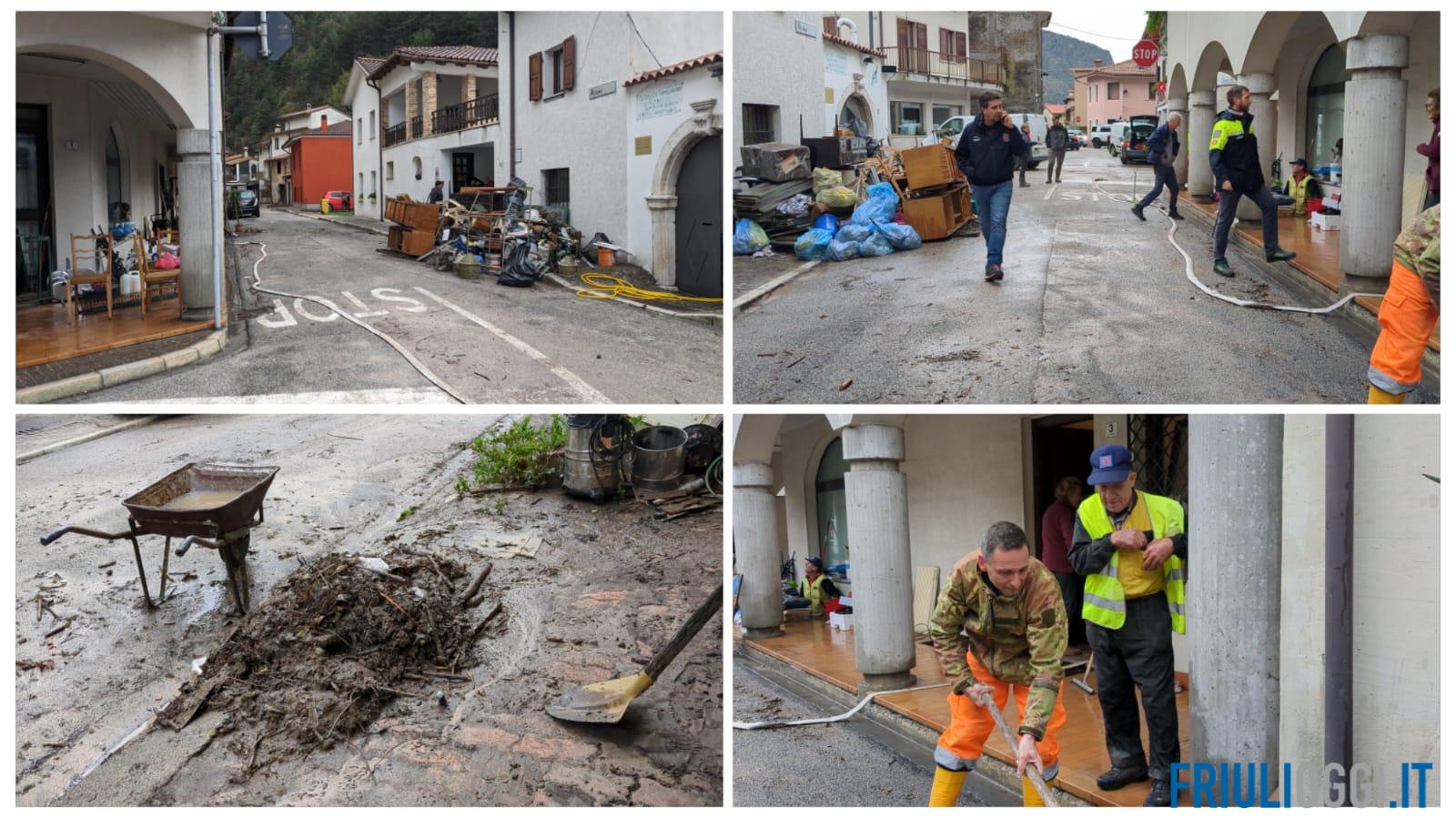 Case allagate ad Avasinis, cittadini e volontari spalano il fango