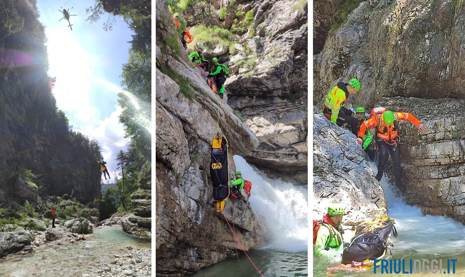 L'esercitazione del Soccorso Alpino nella forra del Rio Simon