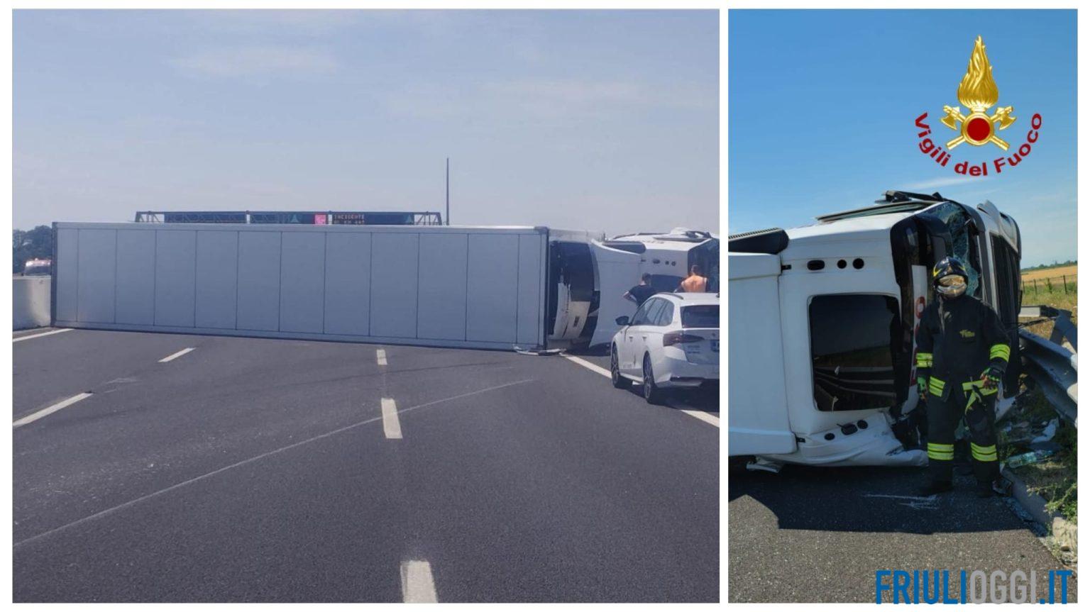 Camion ribaltato sull'autostrada A4: due persone ferite